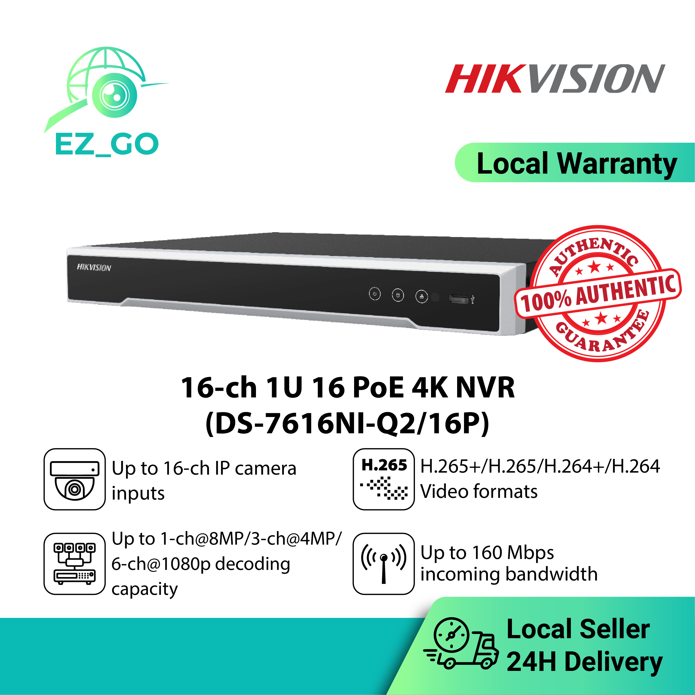 [Authentic] HIKVISION16CH NVR DS-7616NI-Q2/16P / DS-7616NXI-K2/16P 16 POE Port for CCTV IP ...