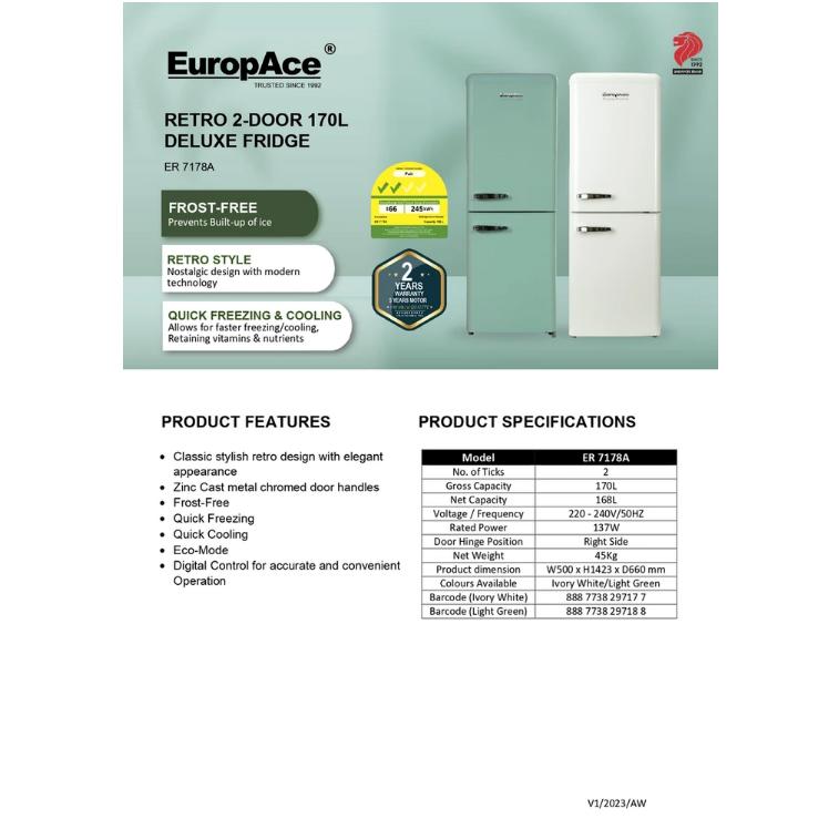 EuropAce Retro 2-Door Refrigerator in Light Green / Ivory White - ER ...