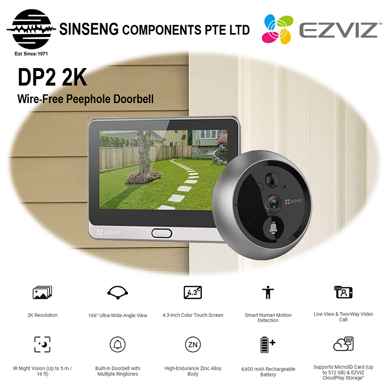 EZVIZ DP2 NEW 2K Version Wire-free Wireless Peephole Battery Doorbell with 4.3”inch Touch Screen ...