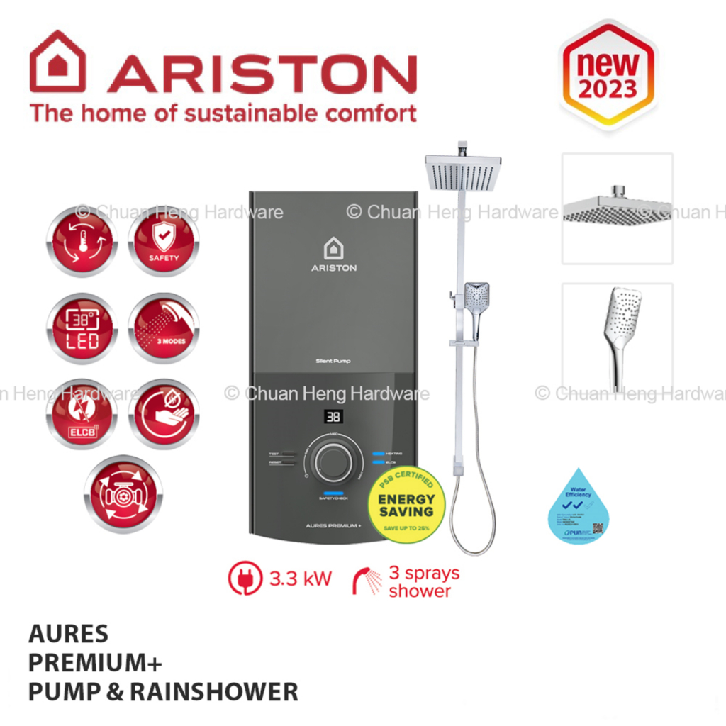 Ariston Aures Premium+ 3.3 with Pump and Rainshower | Shopee Singapore