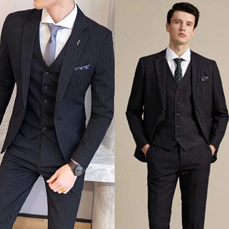 833Black strips 3pc set pants+vest+blazer men's business suit Blazer ...