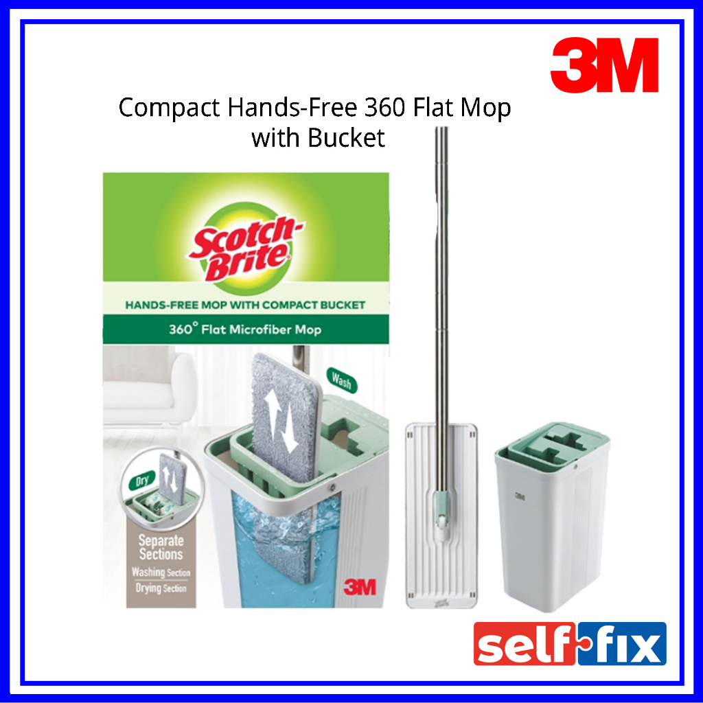 3M Scotch Brite Compact Hands-Free 360 Flat Microfiber Mop with Bucket ...