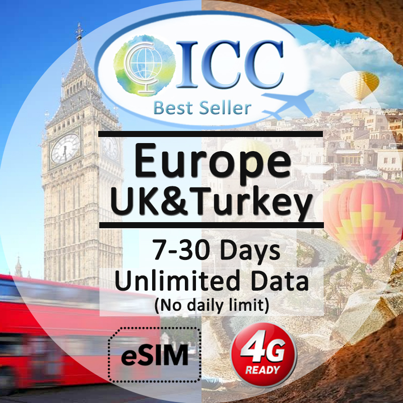 [ICC eSIM] UK, Europe & Turkey 7-30 Days Unlimited Data SIM (No daily ...
