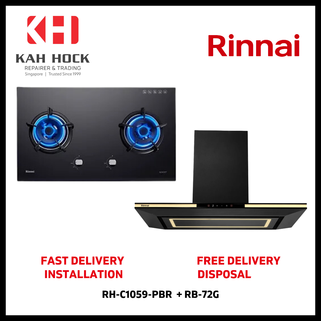 RINNAI RH-C1059-PBR CHIMNEY HOOD + RB-72G 2 BURNER BUILT-IN HOB BUNDLE *INSTALLATION AVAILABLE ...