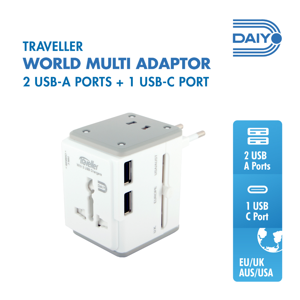Daiyo DE 318 Travel World Multi Adaptor 3.1A, 2 USB-A + 1 USB-C Port ...
