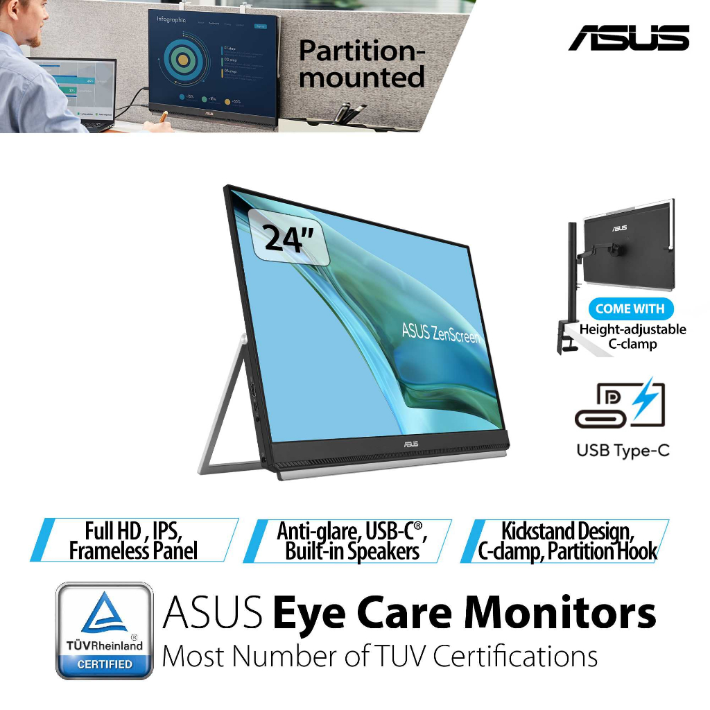 ASUS ZenScreen MB249C portable monitor – 24", Full HD, frameless IPS ...