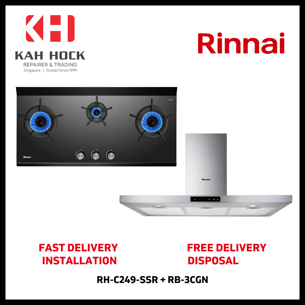 RINNAI RH-C249-SSR CHIMNEY HOOD + RB-3CGN 3 INNER BURNER BUILT-IN HOB BUNDLE *INSTALLATION ...