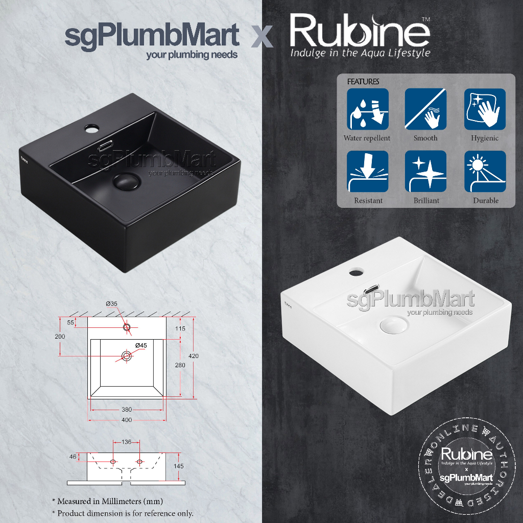 Rubine x sgPlumbMart VENTO 40M Wall Hung / Countertop Ceramic Basin ...