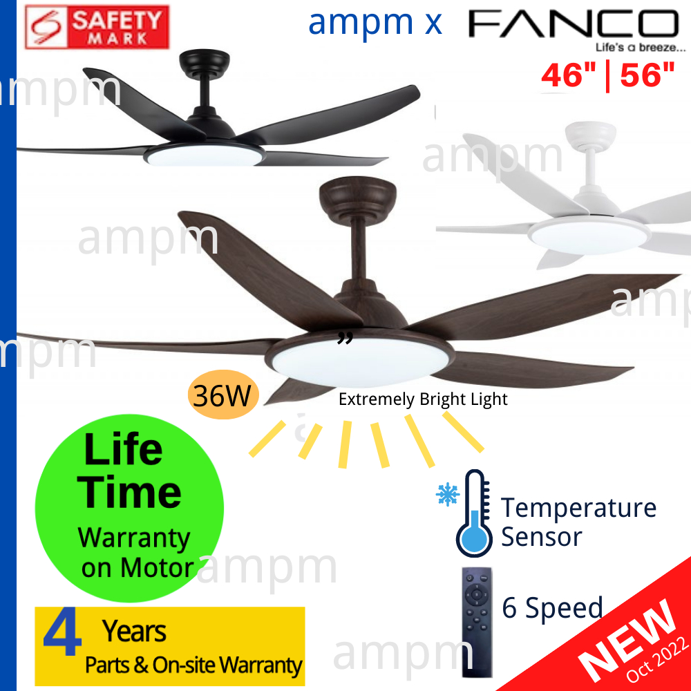FANCO Ceiling Fan with Light 3 Tone 36W LED 46 inch 56 inch DC Motor ...