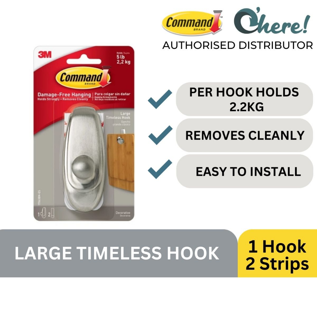 3M Command Timeless Large Brushed Nickel Hook 1 Hook / 2 Strips 2.2 Kg ...