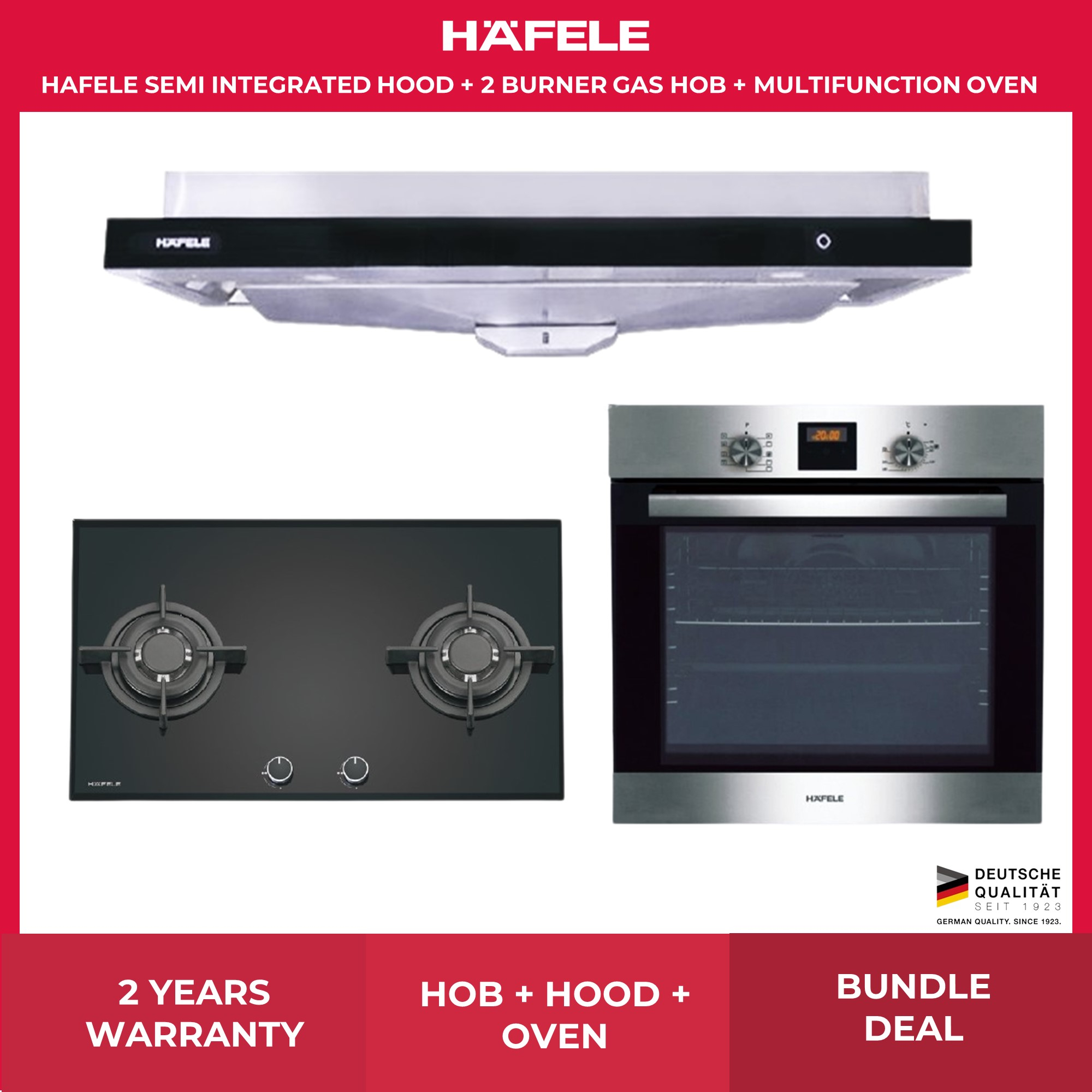 Hafele 90cm Semi Integrated Hood + 80cm 2 Burner Gas Hob (PUB) + 60cm ...