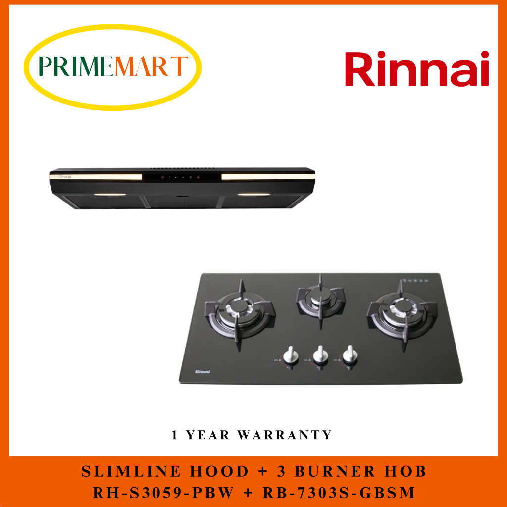 RINNAI RH-S3059-PBW SLIMLINE HOOD + RB-7303S-GBSM 3 BURNER BUILT IN HOB *BUNDLE *2 YEAR WARRANTY ...