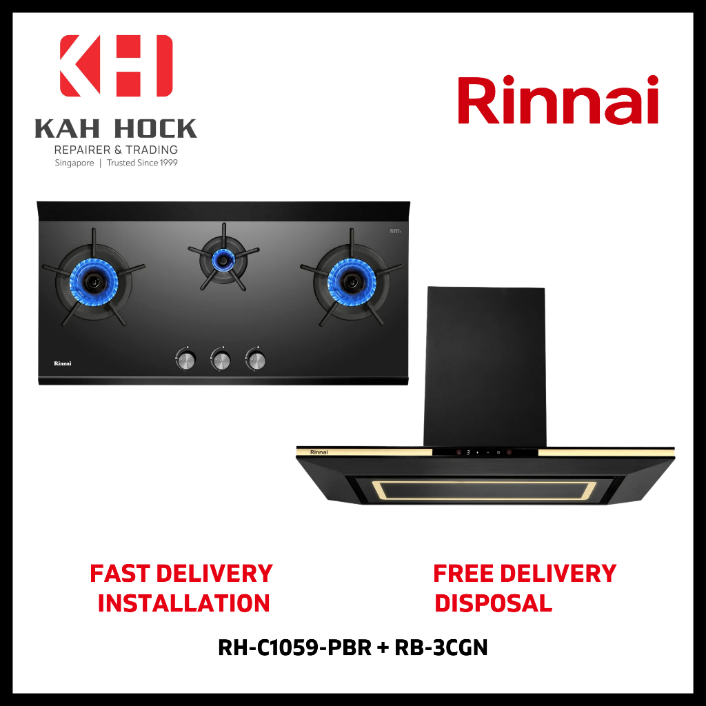 RINNAI RH-C1059-PBR CHIMNEY HOOD + RB-3CGN 2 INNER BURNER BUILT-IN HOB BUNDLE *INSTALLATION ...