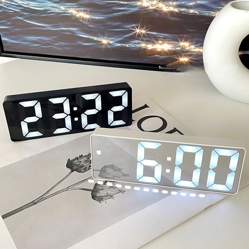 Japanese simple black and white mirror LED digital clock sound control ...