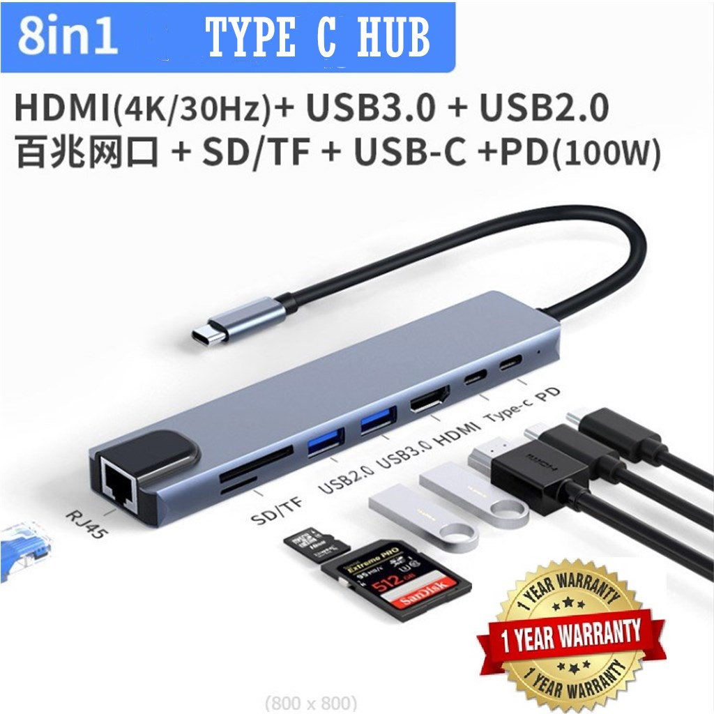 8 IN 1 Type C to USB Multi USB Splitter USB C Hub Converter Adaptor ...