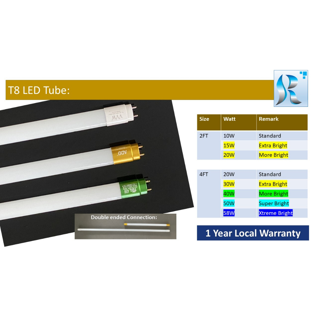 T8 LED Tube - 2ft 4ft / 10W 16W 20W 32W 40W 50W / 3000K 6000K | Shopee Singapore