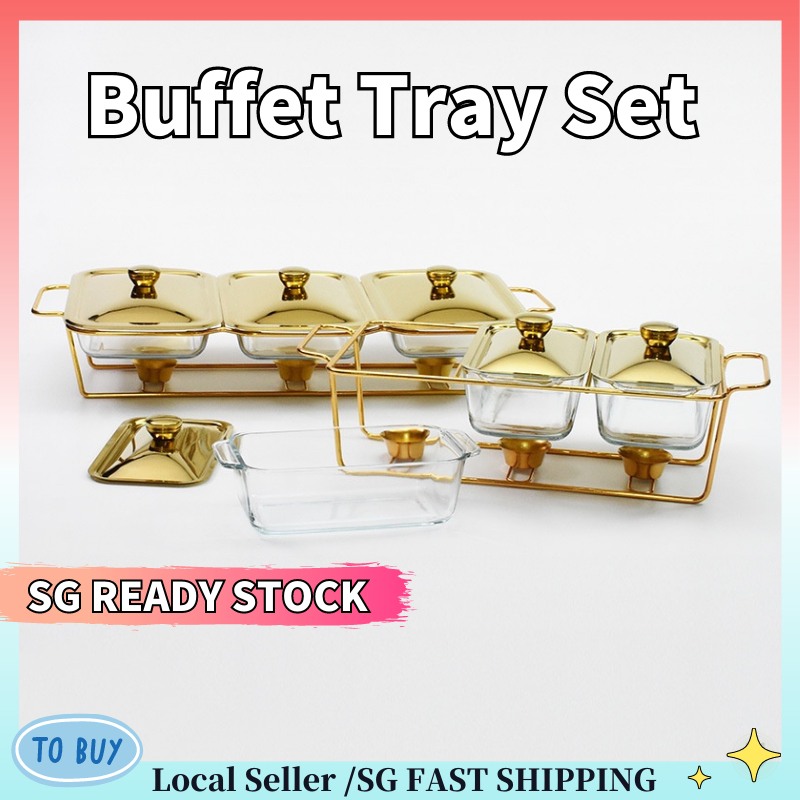 SG READY STOCK Buffet Tray Set Glass Tableware Three Compartments Hotel ...