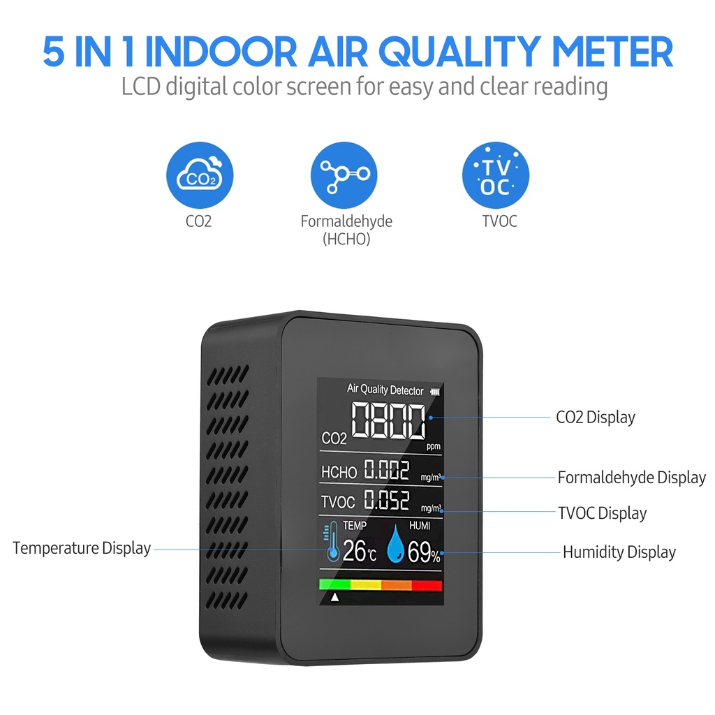 [SG Stock]Portable Air Quality Monitor Indoor CO2 Detector 5 in 1 ...