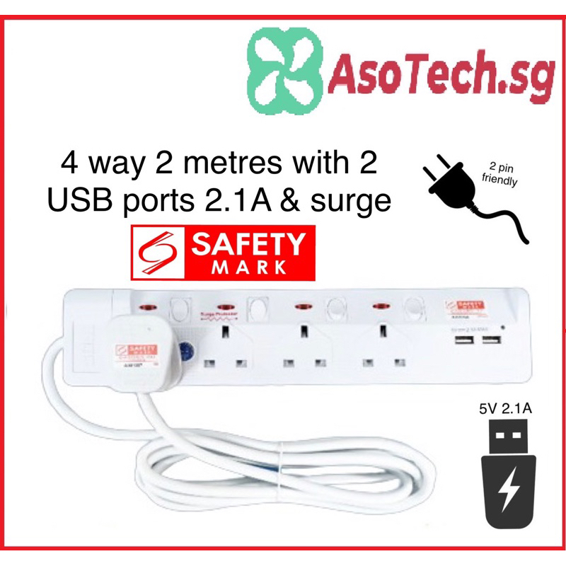 4 Way Power Extension Cord Socket Cable With 2 USB Ports output 2.1A ...