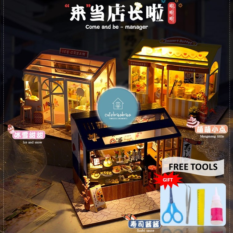 SG READY STOCK🌸 DIY Miniature Mini Shop Dollhouse with LED light (Sushi ...
