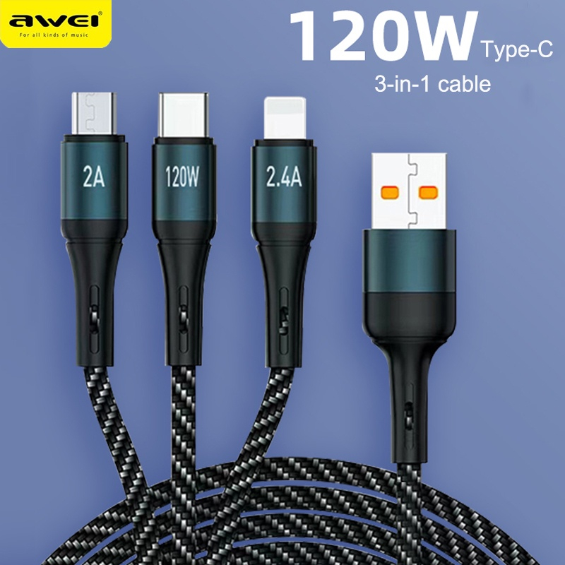 Awei Phone Cable 3-in-1 USB-A 120W High Power Super Fast Charging Data ...