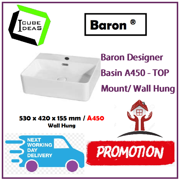 Baron Designer Basin A450 - TOP Mount/ Wall Hung | EXPRESS FREE ...