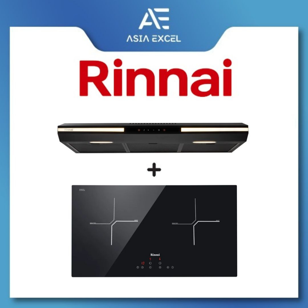 RINNAI RH-S3059-PBW 90CM BLACK SLIMLINE HOOD + RINNAI RB-7012H-CB 2 ZONE INDUCTION HOB WITH ...