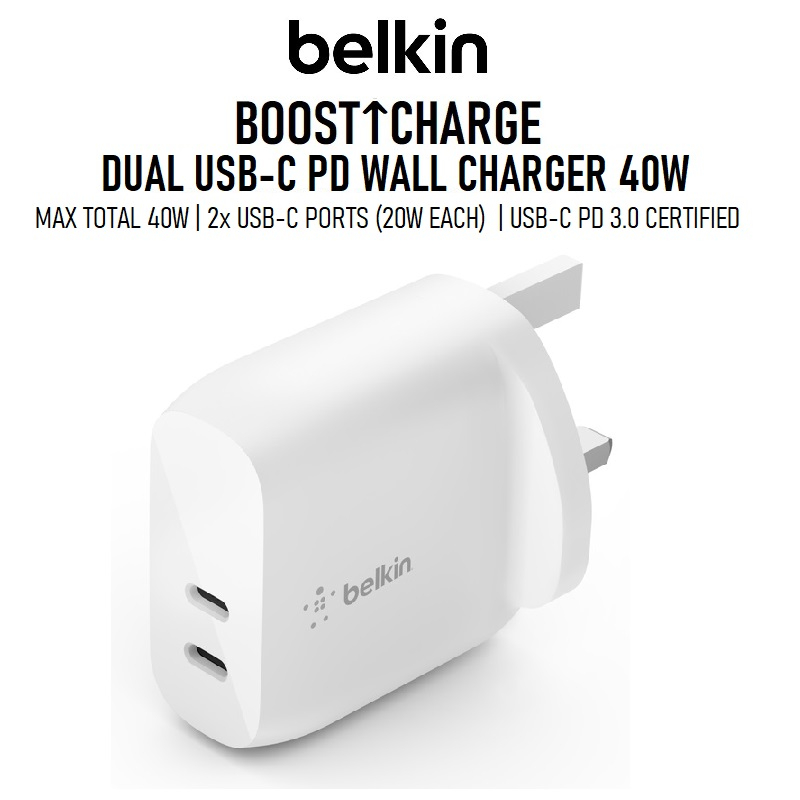 Belkin BoostCharge Dual USB-C 40W PD Wall Charger Adapter PD 3.0 Fast ...