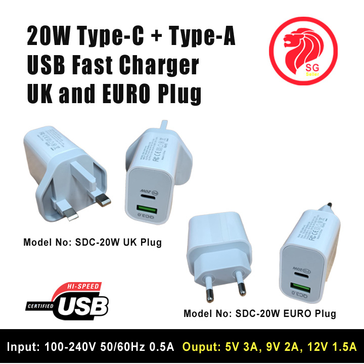 18W-20W Type-C + Type-A USB Fast Charger UK and EURO Plug | Shopee ...