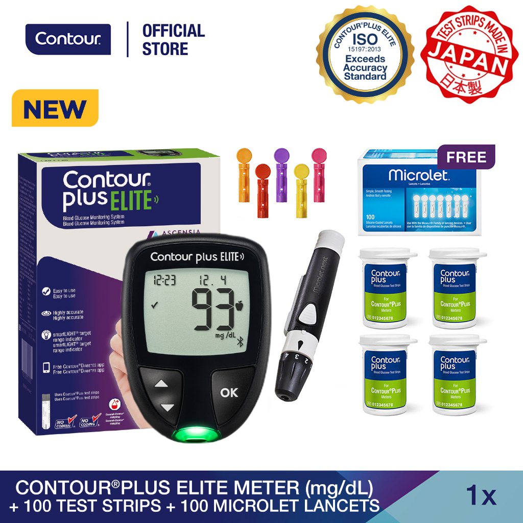 Contour Plus Elite Blood Glucose Meter (mg/dL) + 100 Test Strips + 100 ...
