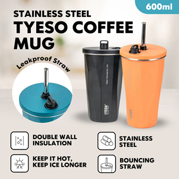 Tyeso Coffee Mug 600ML Stainless Steel Insulated Vacuum Tumbler with Straw Water Bottle | Shopee ...
