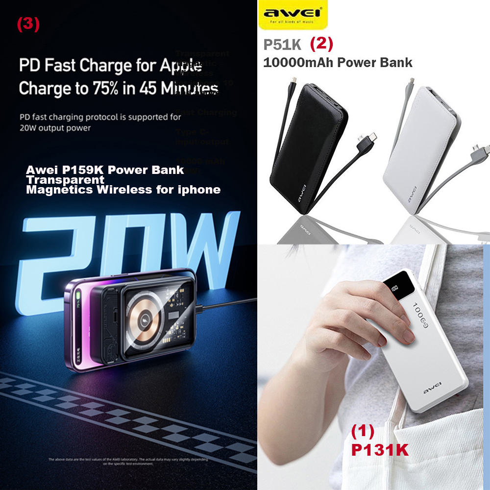 Awei Portable Power Bank 10000 mAh 3 in 1 Mutiple Built-in Cables ...