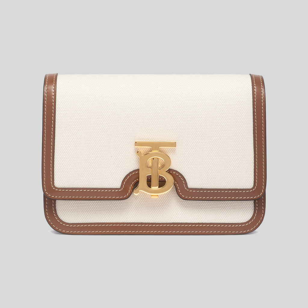 Burberry Two-Tone Canvas and Leather Small TB Bag Natural/Malt Brown ...