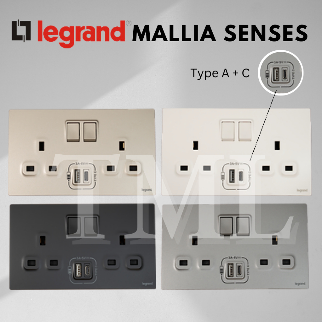 Legrand Mallia Senses Single Double Socket with USB Designer Matt Black ...