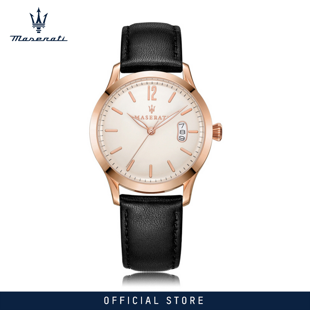 [2 Years Warranty] Maserati Tradizione 40mm Black Leather Strap Men's ...
