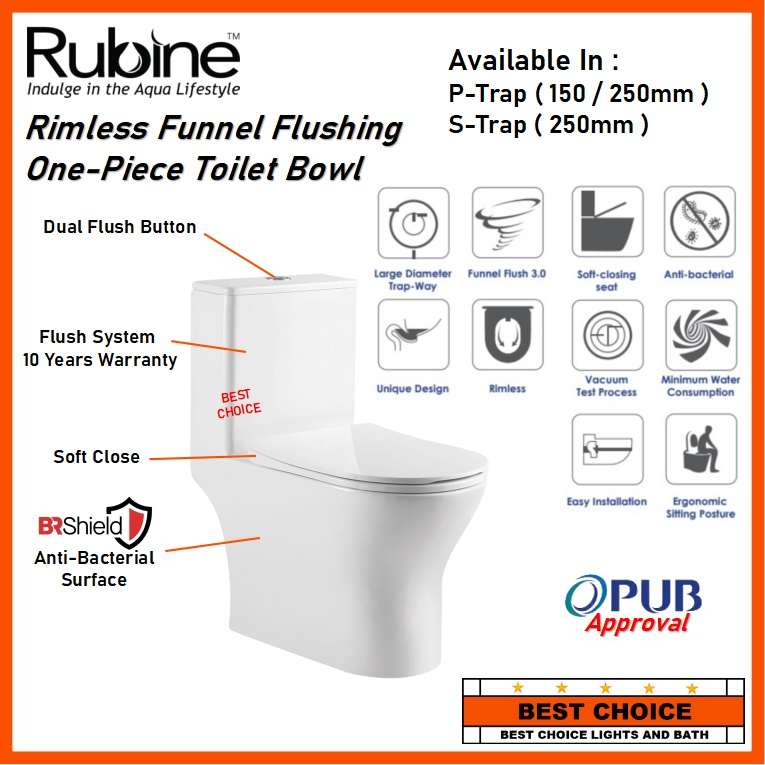 Rubine Piz Fora PF106 White One Piece Toilet Bowl with Rimless Funnel ...