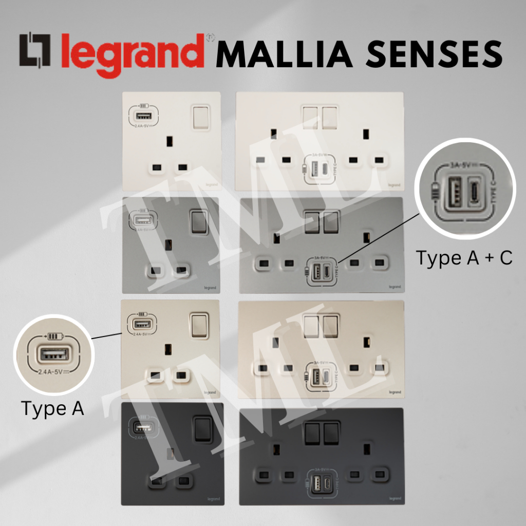 Legrand Mallia Senses Single Double Socket with USB Designer Matt Black ...