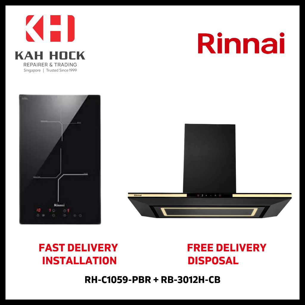 RINNAI RH-C1059-PBR CHIMNEY HOOD + RB-3012H-CB 30CM 2 INDUCTION HOB BUNDLE *INSTALLATION ...