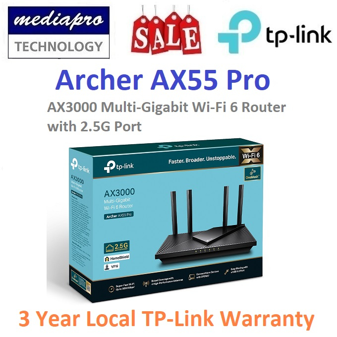 TP-LINK ARCHER AX55 PRO AX3000 Multi-Gigabit Wi-Fi 6 Router with 2.5G Port - 3 Year Local TP ...