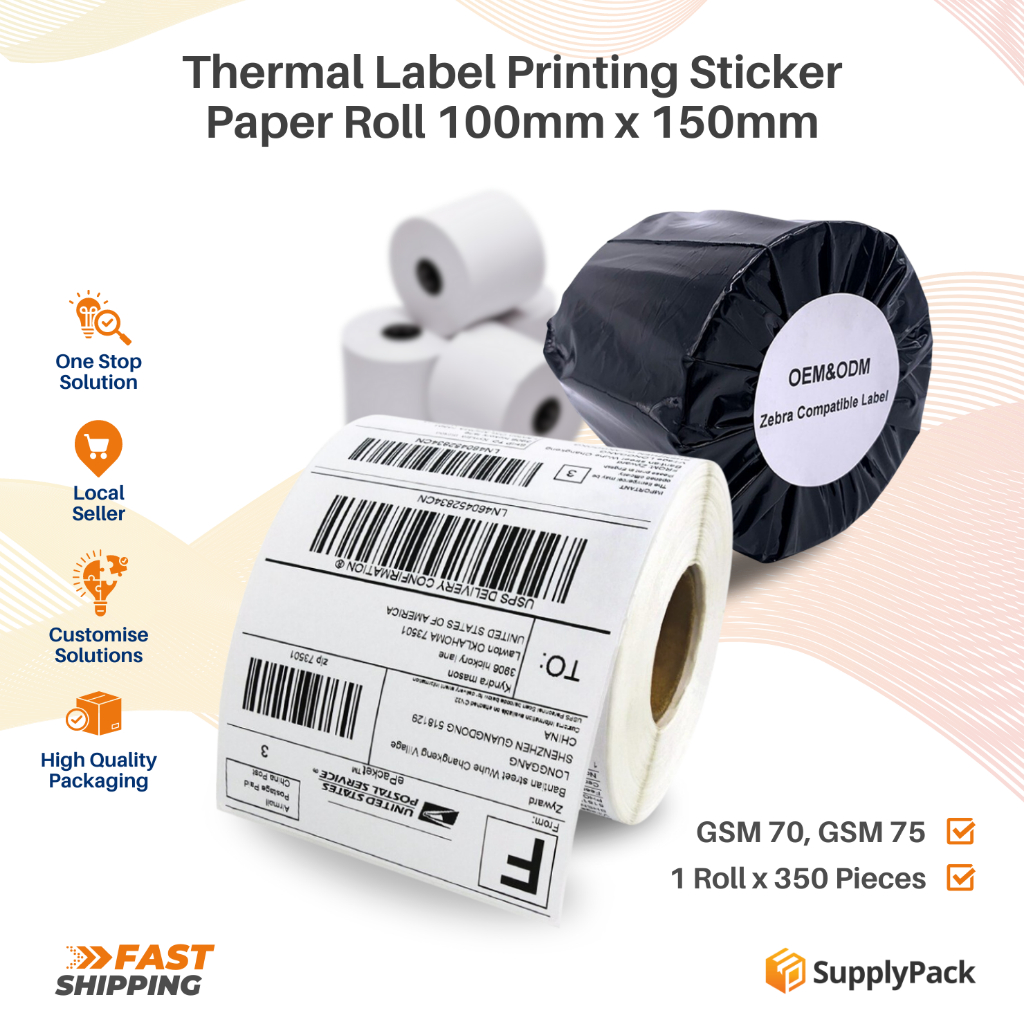 Thermal Label Printing Sticker Paper Roll 100mm x 150mm 350 Pieces Per ...