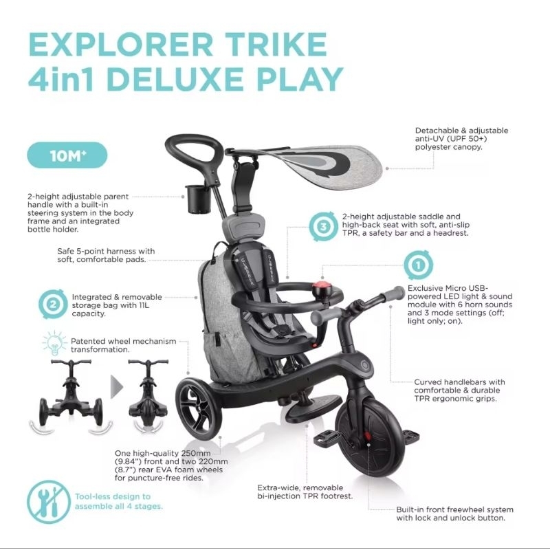 Globber Explorer Trike 4 in 1 Deluxe Play (Dark Grey) | Shopee Singapore