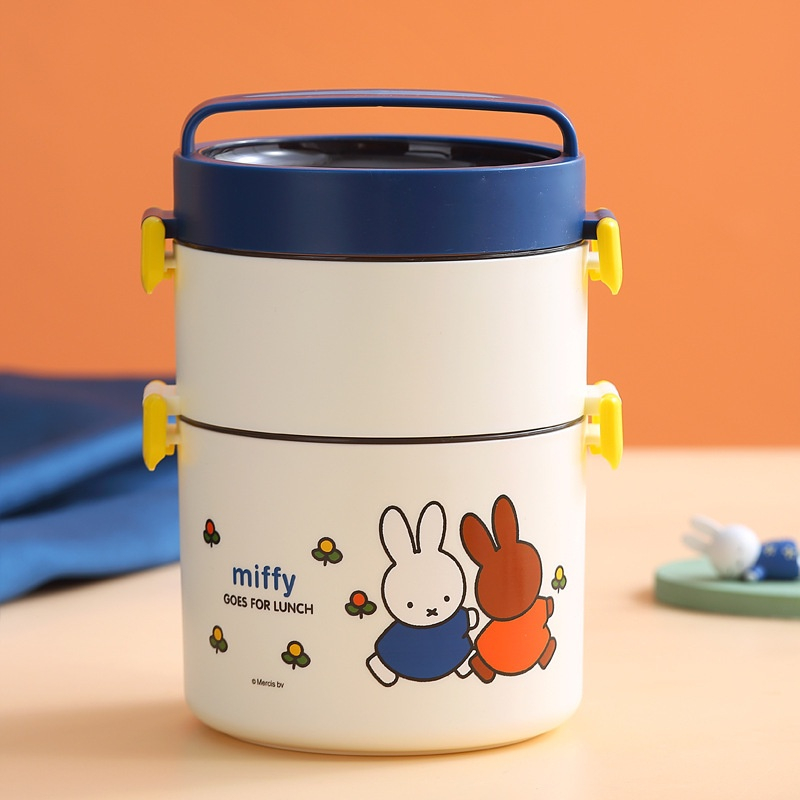 【sg ready stock】Miffy Lunch Box Portable Double Layer Round Stainless Steel Thermal Bento Box ...