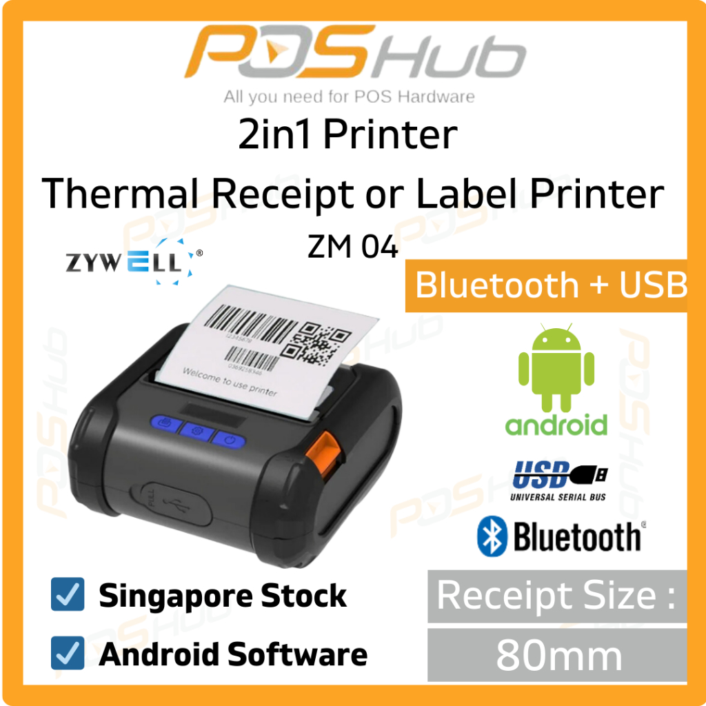 Zywell ZM04 2in1 Mobile Bluetooth 80mm Thermal Receipt Printer or Label Printer | Shopee Singapore