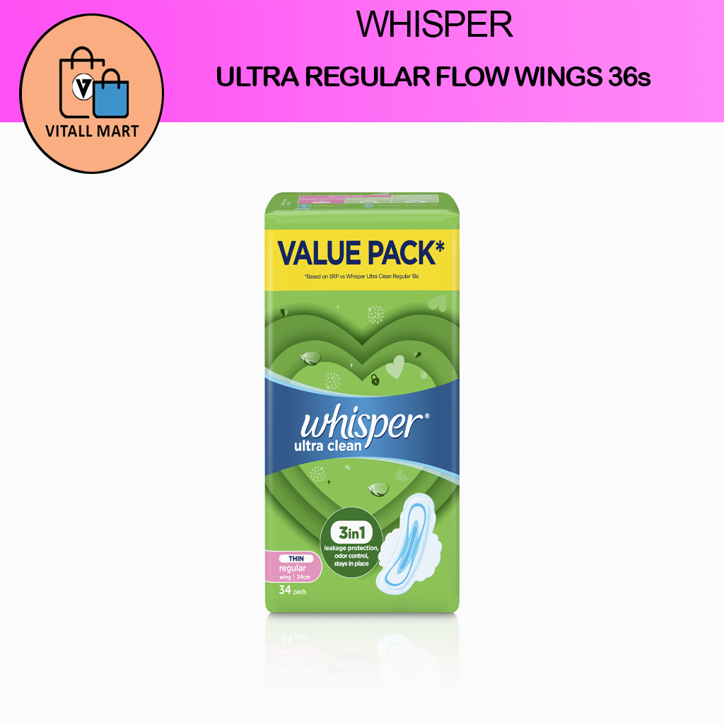Whisper Ultra Clean Sanitary Pad Regular Day Thin Wing 24cm 34 pads ...