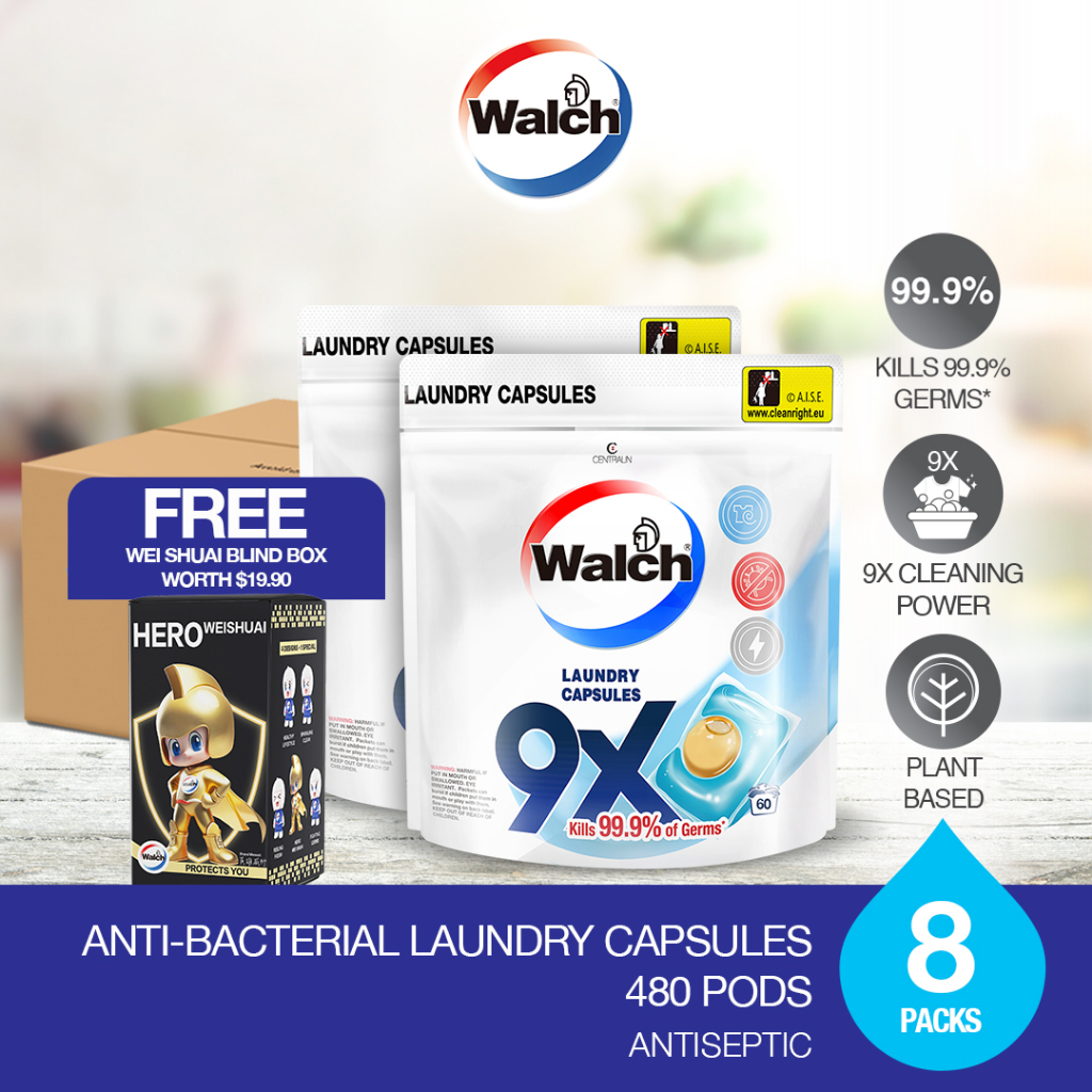Walch® Anti-bacterial Laundry Capsules 60 Pods x 8 Packs Free Hero Wei ...