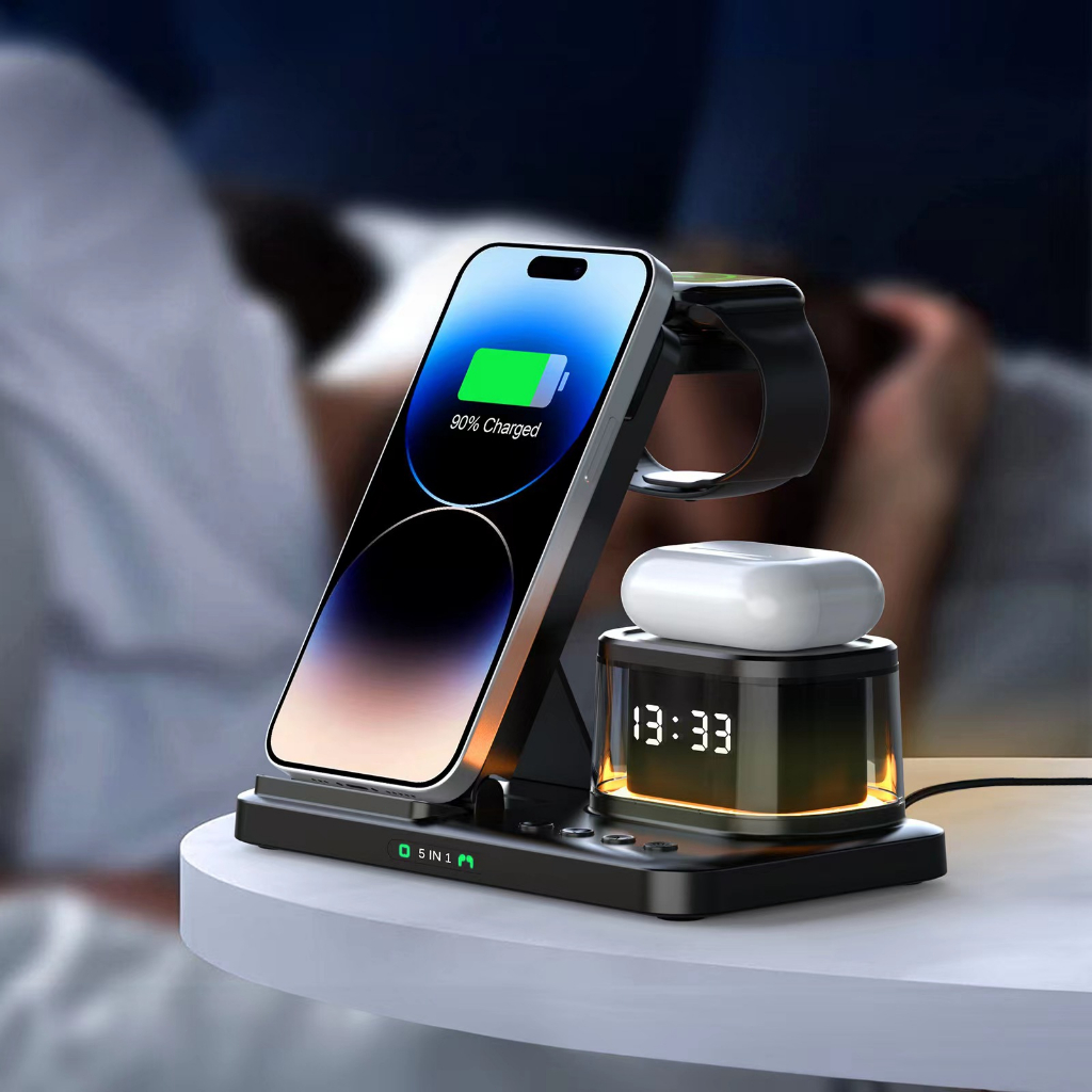 Folding 5-in-1 clock night light wireless charger phone watch headphone ...