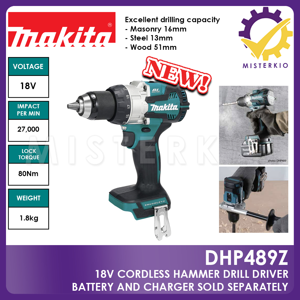 Makita DHP489 18V CORDLESS HAMMER DRIVER DRILL, 3-in-1 Drill, For Wood ...