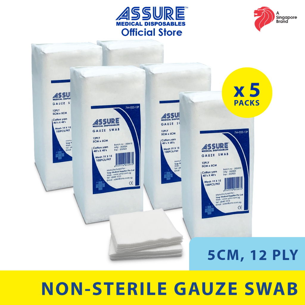 [Bundle of 5] ASSURE Gauze Swab Non-Sterile 5cm x 5cm x 12-Ply, 100 Pce ...