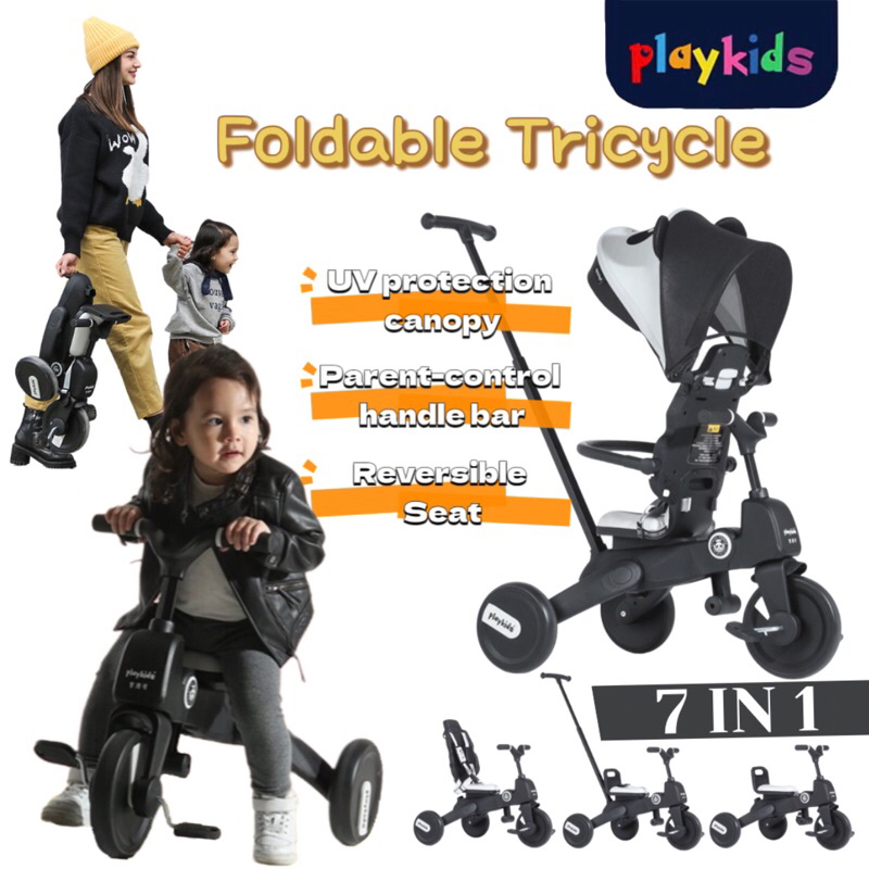 Playkids Compact Tricycle 5IN1 Children’s Foldable Trike Three-wheeled ...