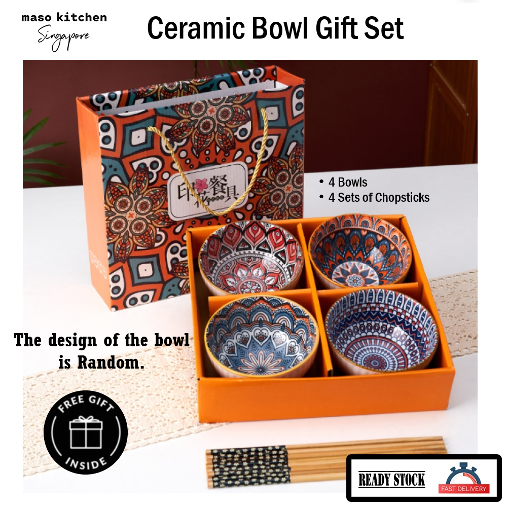 Ceramic Bowl & Chopsticks Gift Set for 4 Pax - Bohemian Style Dining ...